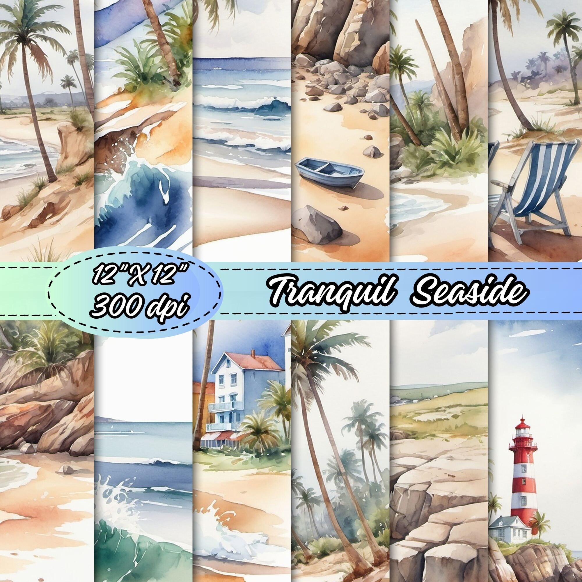 Watercolor Calm Seaside Digital Paper Pack, Summer Beach Digital ...
