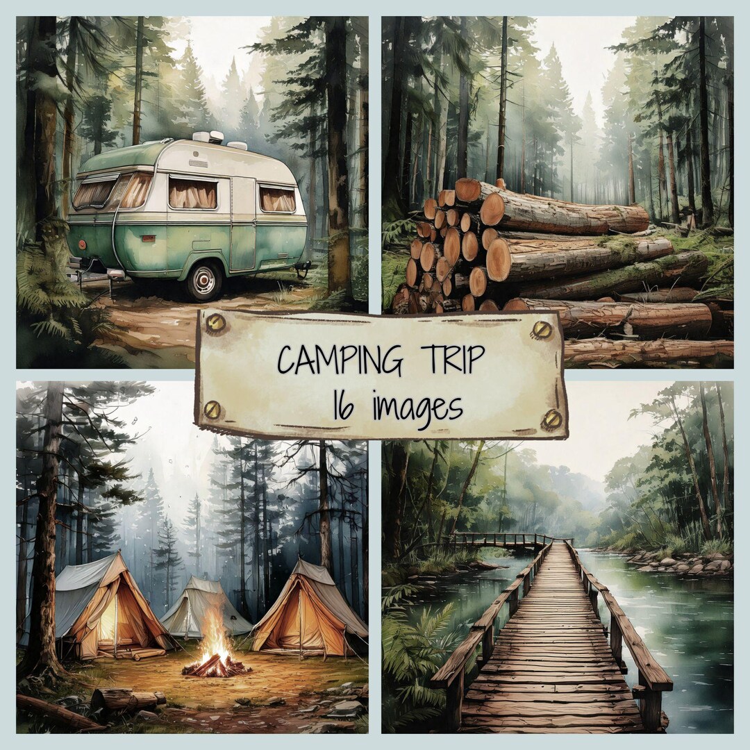 Camping Trip Digital Paper Pack, Outdoor Adventure Scrapbook Paper ...
