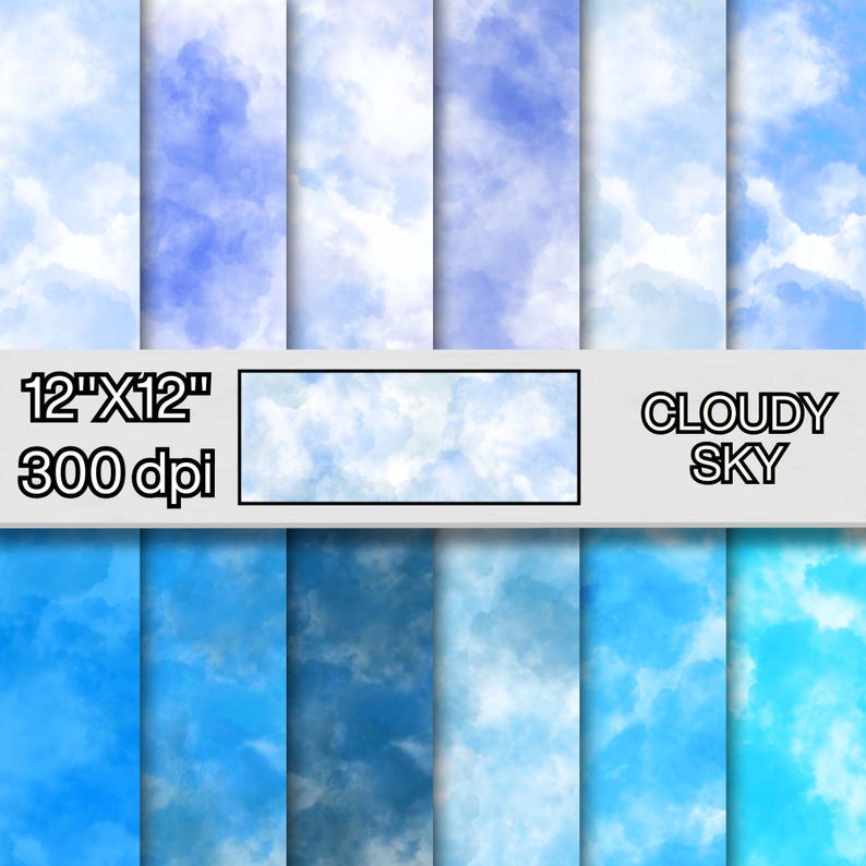 Watercolor Cloud Texture Digital Papers Pack, Blue Sky Digital Scrapbooking Paper, Cloud and ...