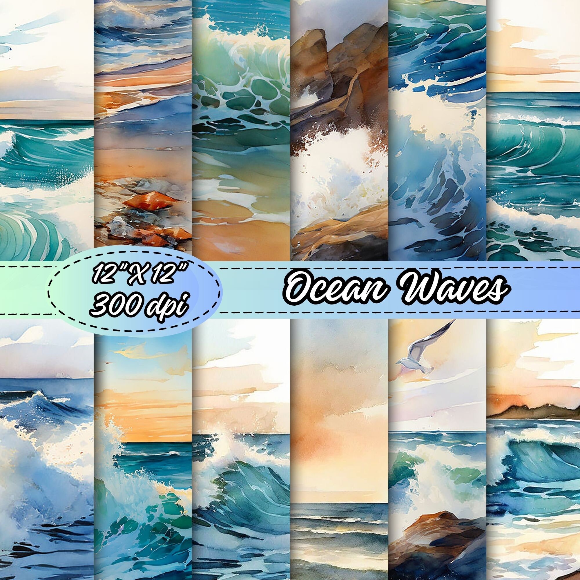 Ocean Wave Digital Paper Pack, Sea Waves Pattern Backgrounds, Beach ...