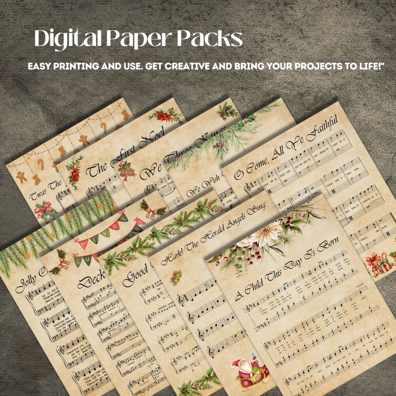 Vintage Christmas Sheet Music Digital Paper Pack 8.5"x11", Festive ...
