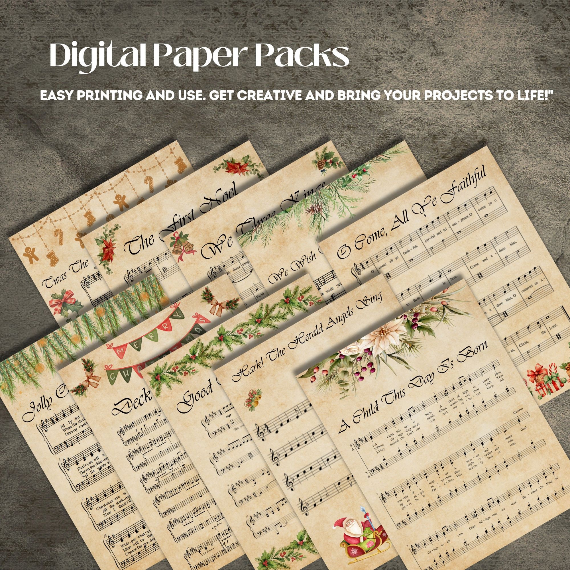 Vintage Christmas Sheet Music Digital Paper Pack 8.5"x11", Festive ...