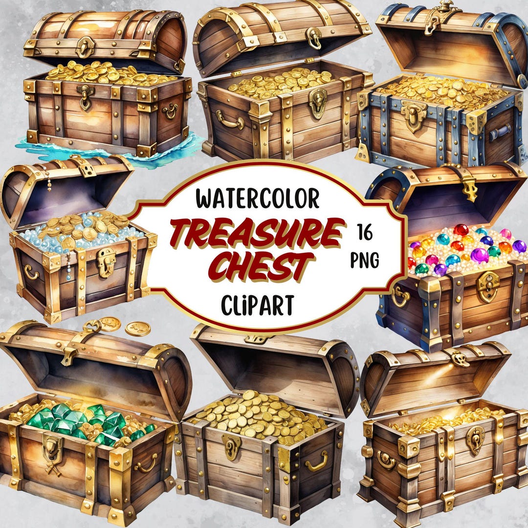 Pirate Treasure Chest Clipart Set | Watercolor Gold & Gems PNG | Pirate ...