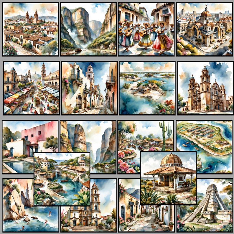 Watercolor Mexico Clip Art JPG Bundle | Iconic Mexican Landmarks ...