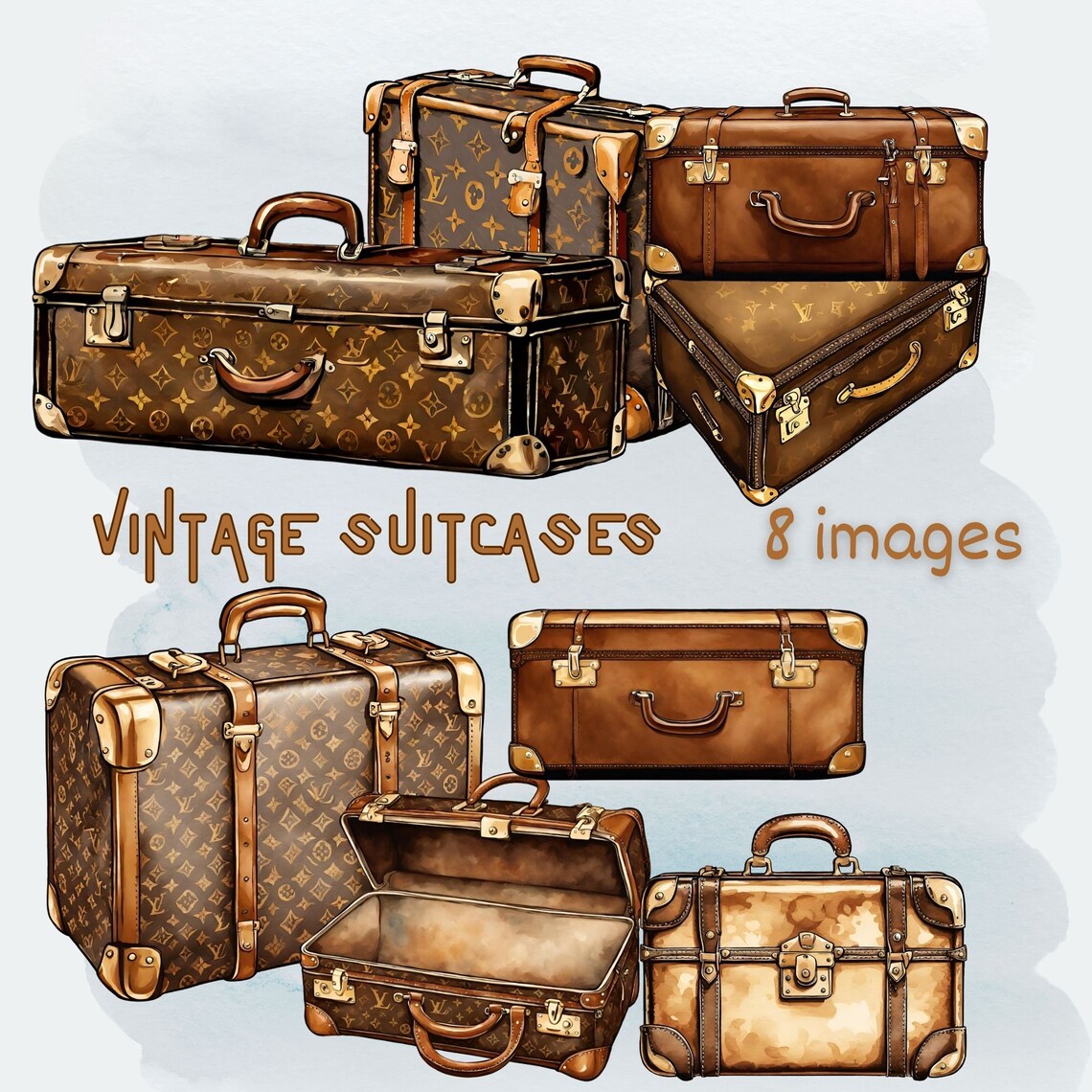 Antique Watercolor Luxury Designer Suitcases Clipart Set,vintage ...