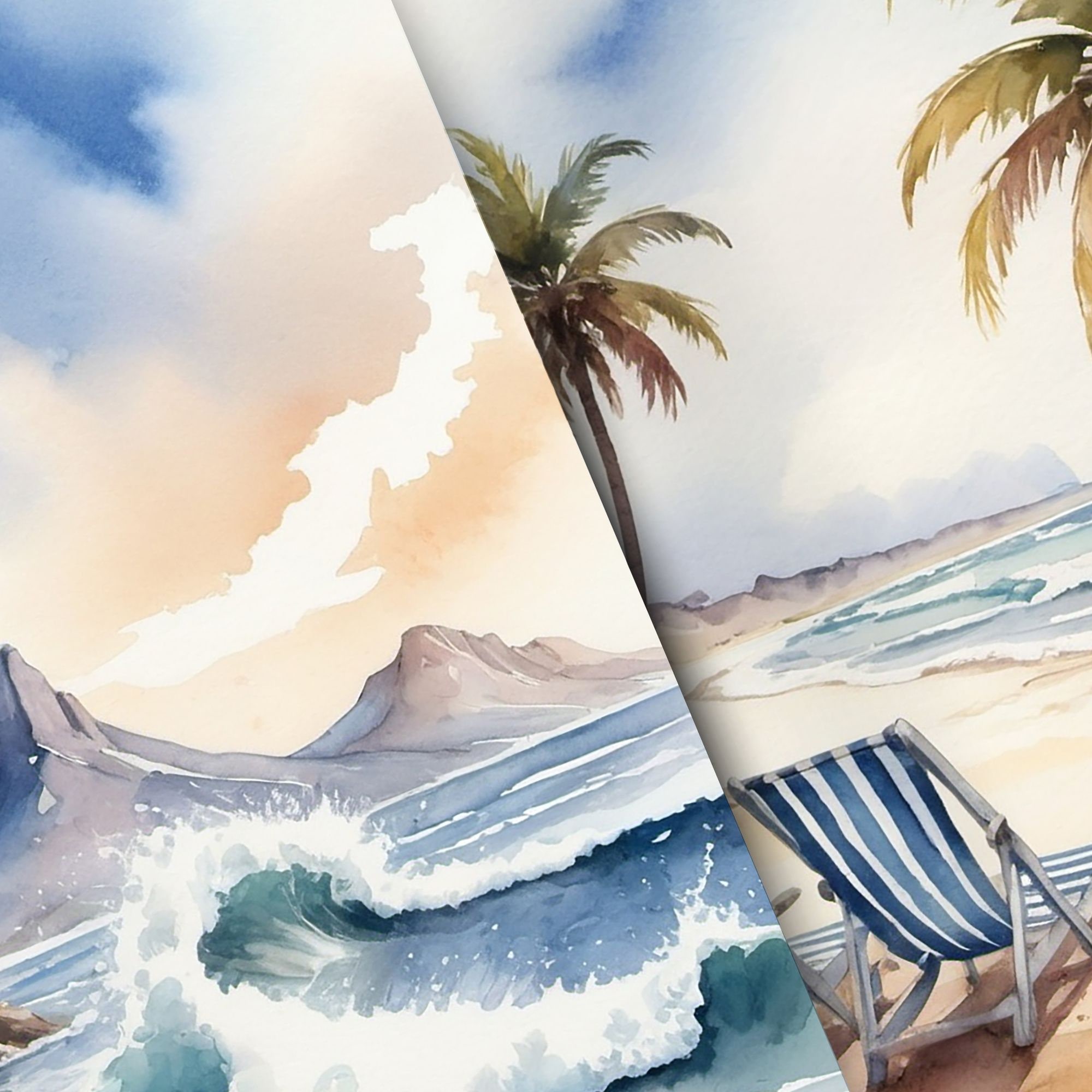 Watercolor Calm Seaside Digital Paper Pack, Summer Beach Digital ...