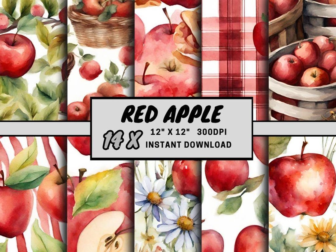 Watercolor Red Apples Pattern Digital Papers, Summer Themed Digital ...