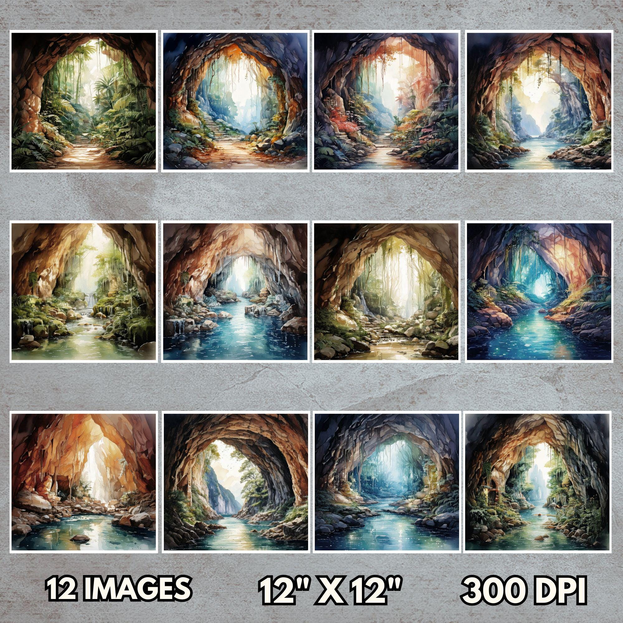 Watercolor Caves Jpg Clip Art Bundle, Mystical Caves Landscape, Nature ...