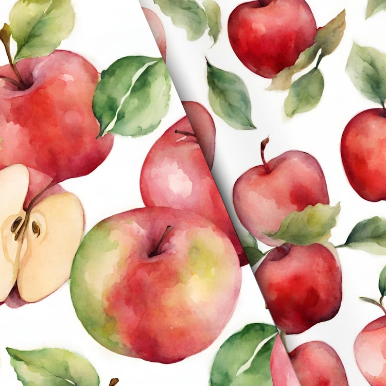 Watercolor Red Apples Pattern Digital Papers, Summer Themed Digital ...