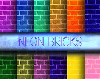 Brick Wall Digital Papers, Neon Bricks Wall Pattern Scrapbooking Paper ...