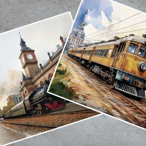 Watercolor Vintage Train Station Clipart Bundle, JPG Train Station ...