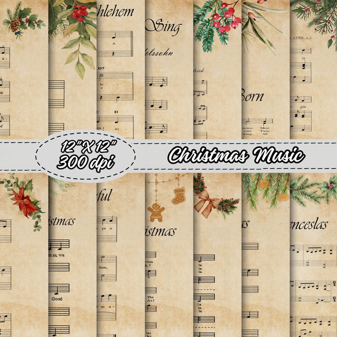 Vintage Christmas Sheet Music Digital Paper Pack 12"x12", Festive ...