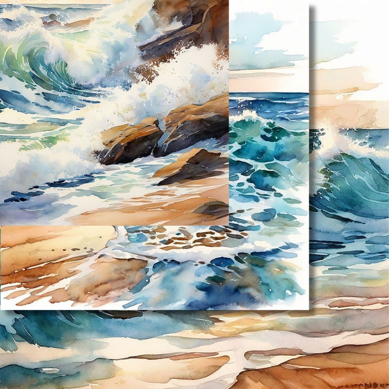 Ocean Wave Digital Paper Pack, Sea Waves Pattern Backgrounds, Beach ...