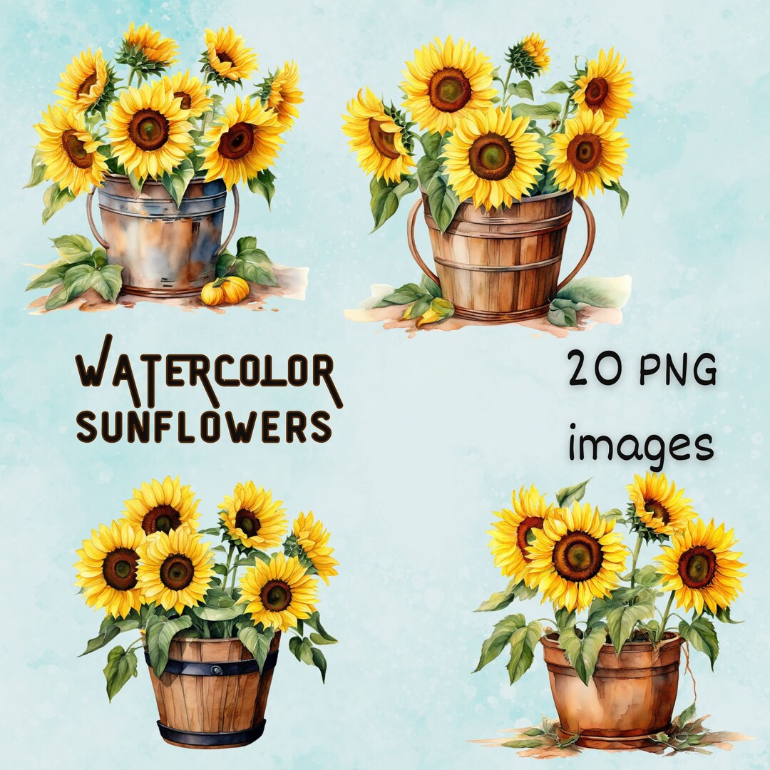 Sunflower Clip Art Bundle,printable Watercolor Sunflower in a Pot ...