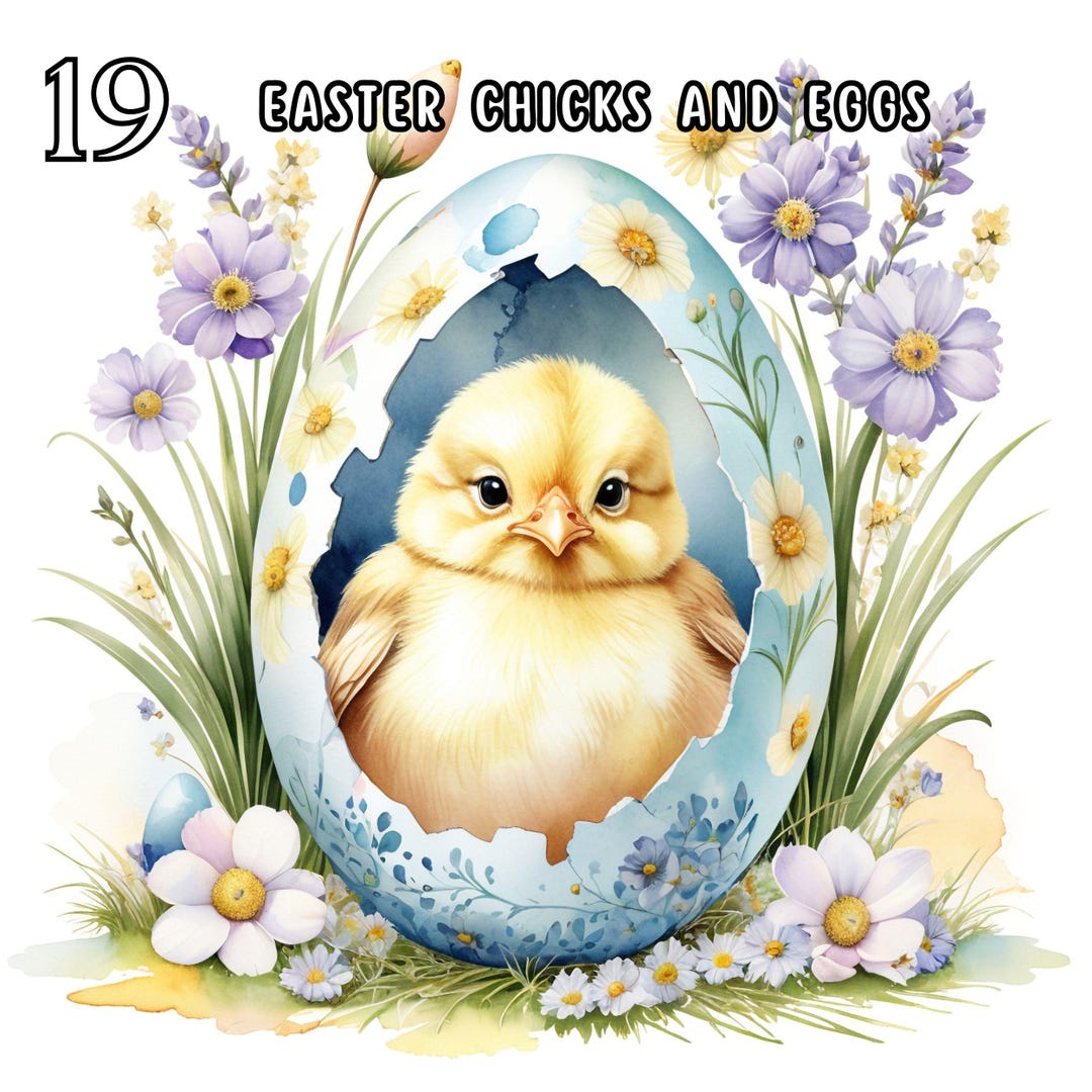 Easter Chick and Eggs Clipart JPG Bundle | Watercolor Spring Clip Art ...