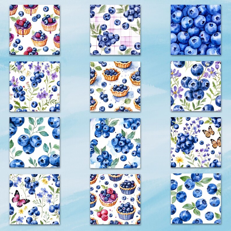 Watercolor Blueberry Pattern Digital Papers, Summer Themed Digital ...