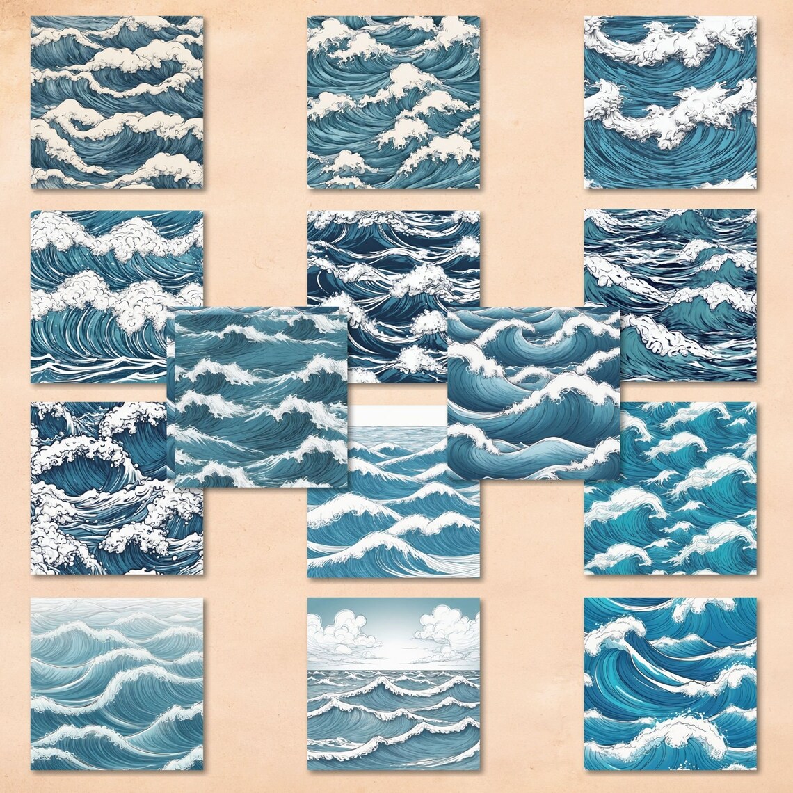 Ocean Wave Digital Paper Pack, Sea Waves Pattern Backgrounds, Beach ...