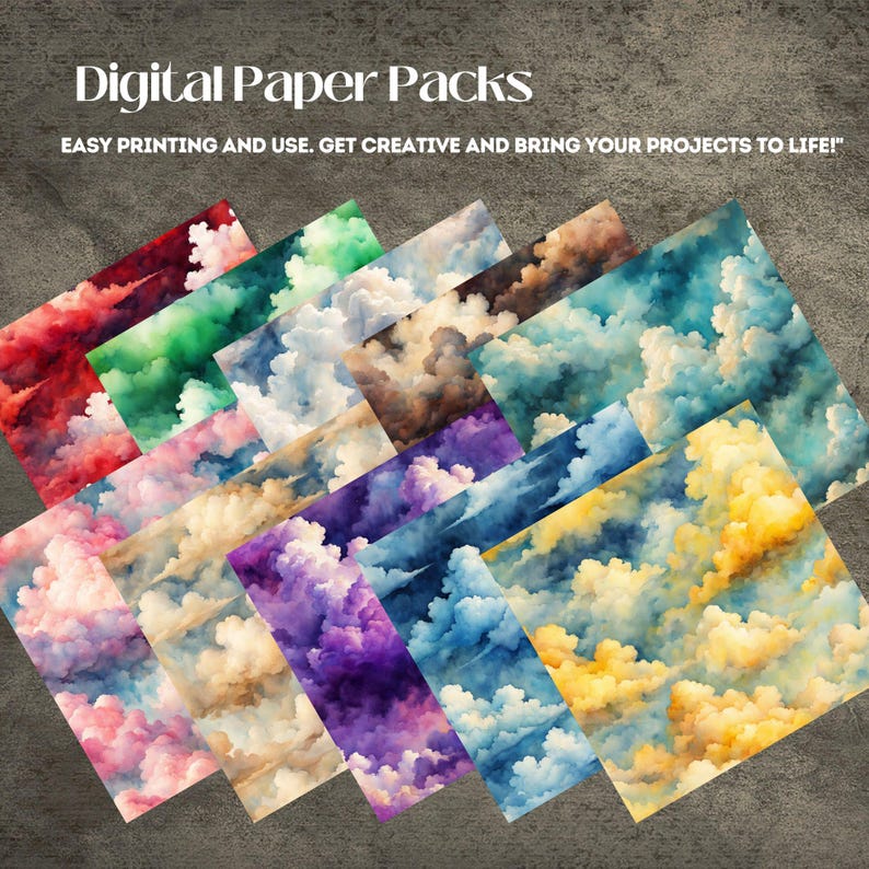 Watercolor Cloudy Skies Digital Paper Pack, Cloud and Sky 'printable ...