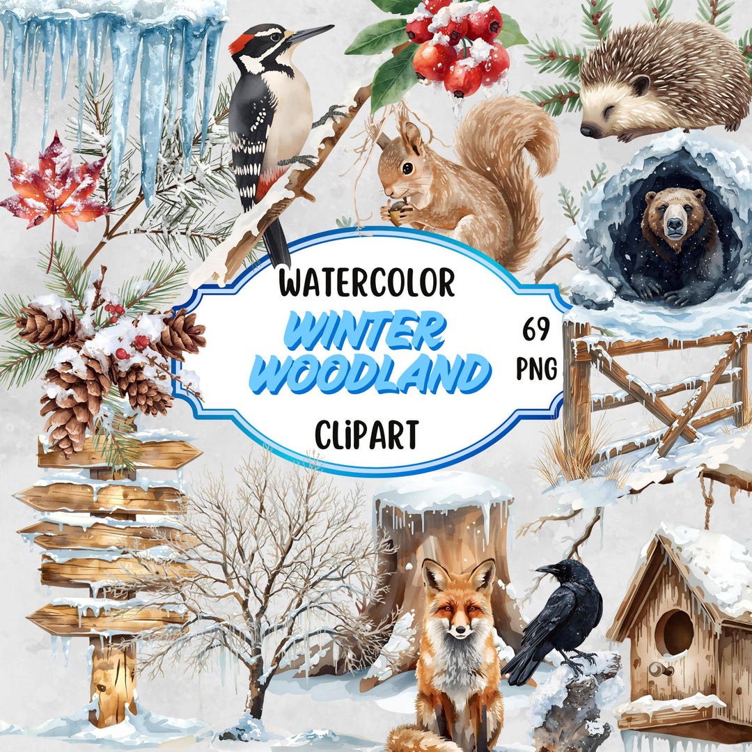 Watercolor Winter Woodland Clipart | 69 Pngs | Rustic Forest Animals ...