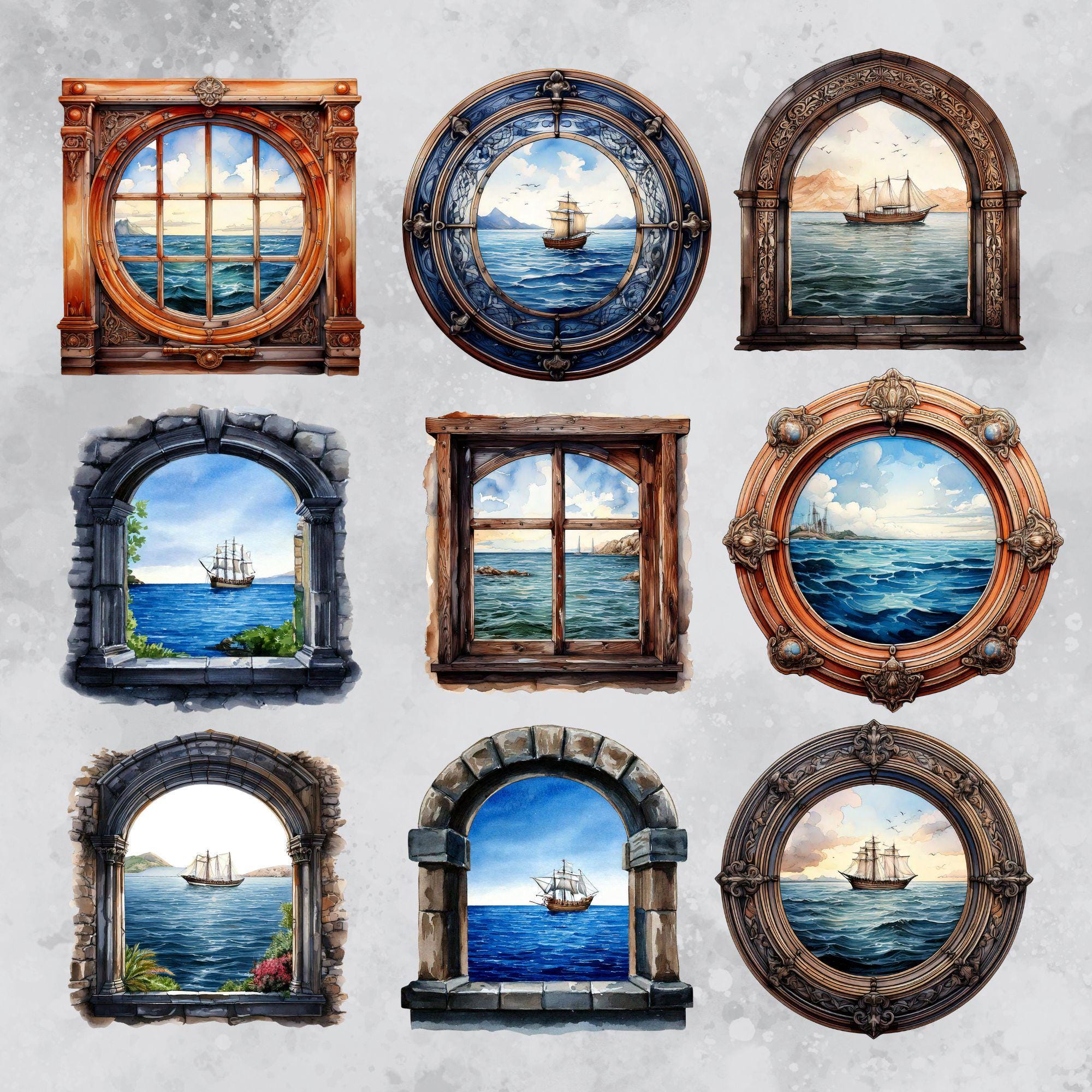 Sea View Window PNG Clip Art Set | Watercolor Ocean View Graphics ...