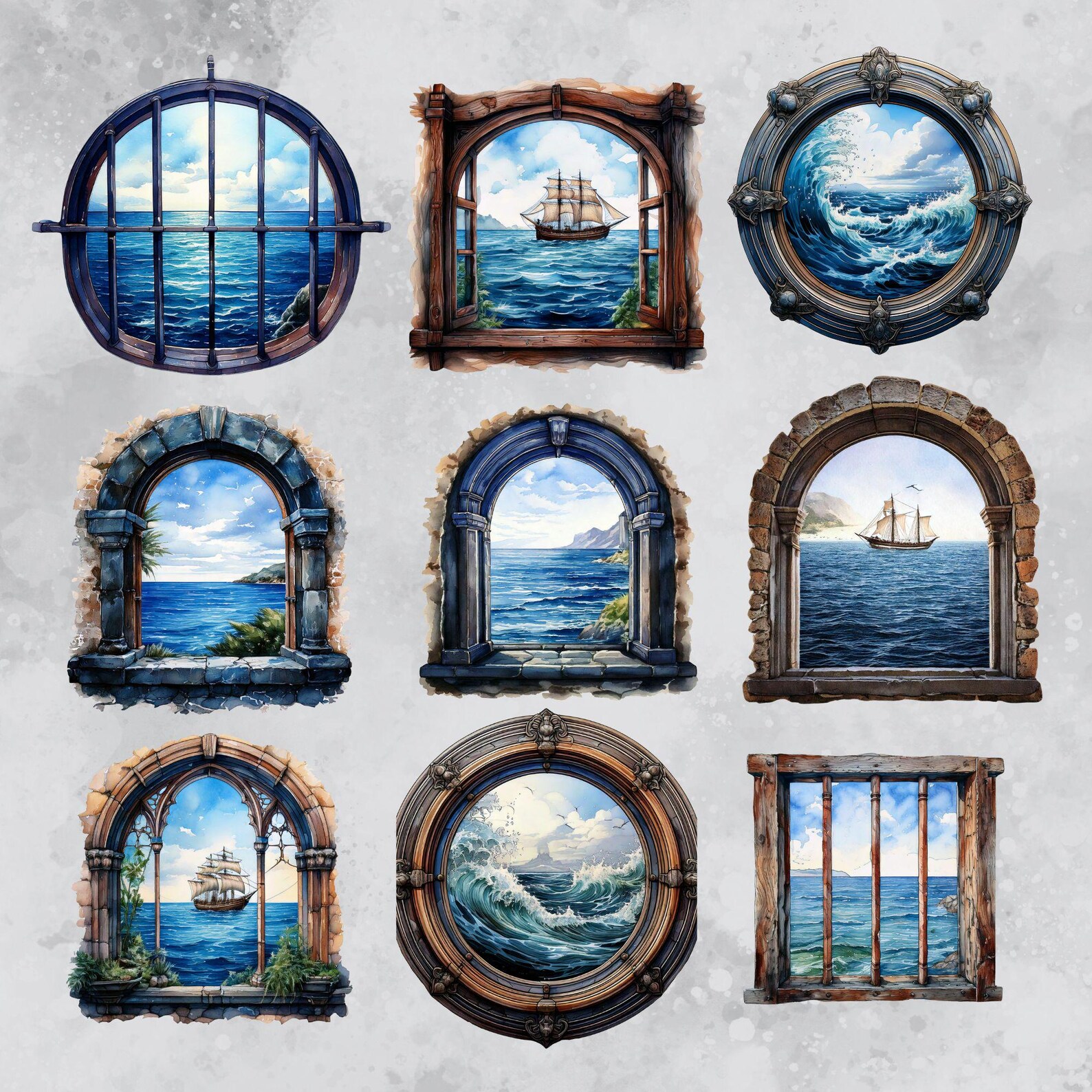 Sea View Window PNG Clip Art Set | Watercolor Ocean View Graphics ...