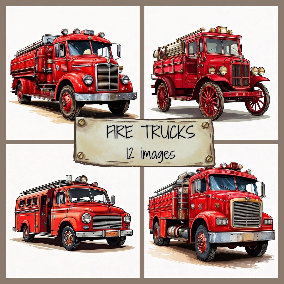 Vintage Fire Truck Clip Art |antique Fire Engine Illustrations |retro ...