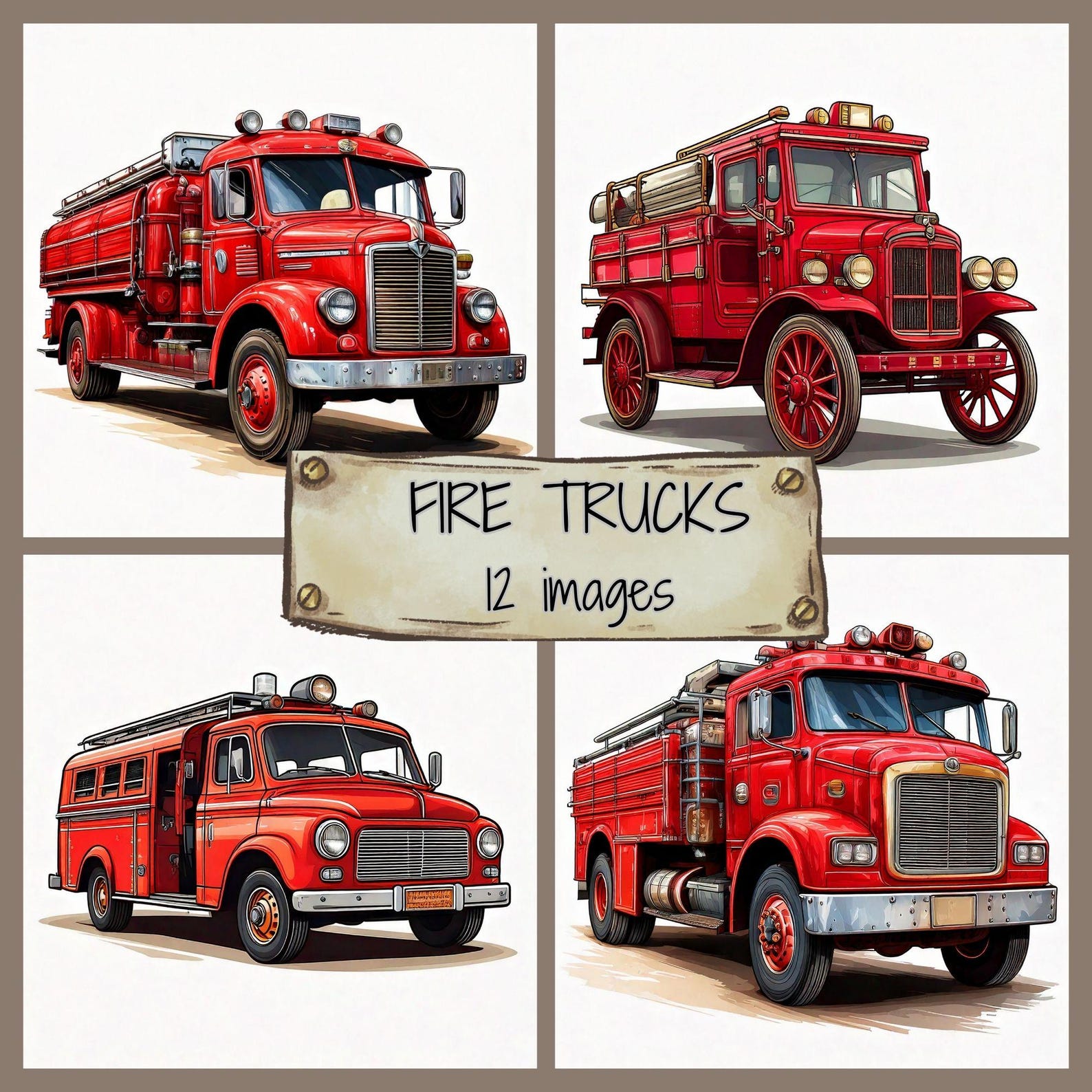 Vintage Fire Truck Clip Art |antique Fire Engine Illustrations |retro ...