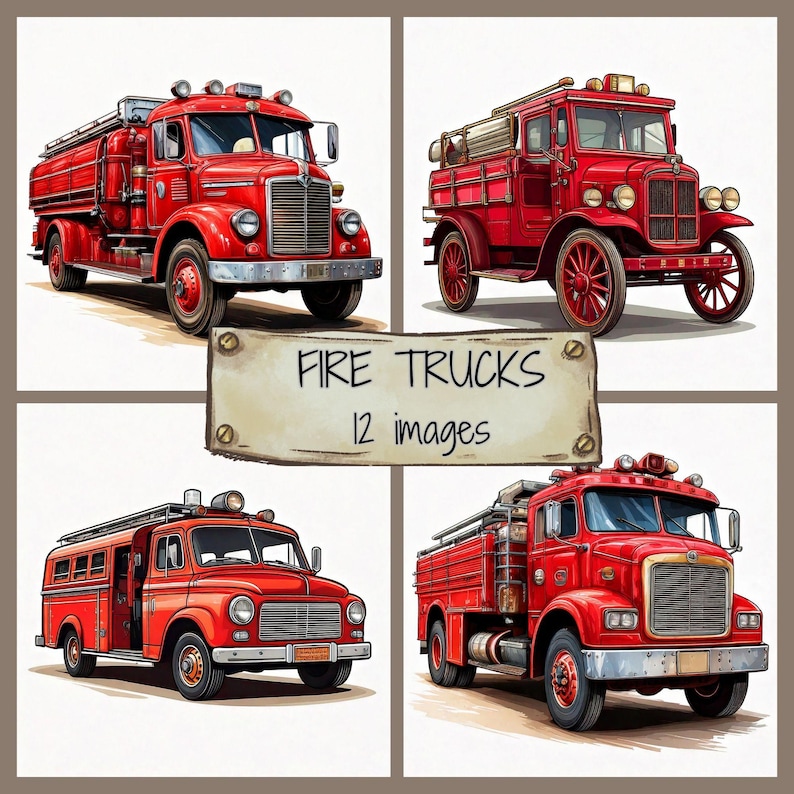 Vintage Fire Truck Clip Art |antique Fire Engine Illustrations |retro ...