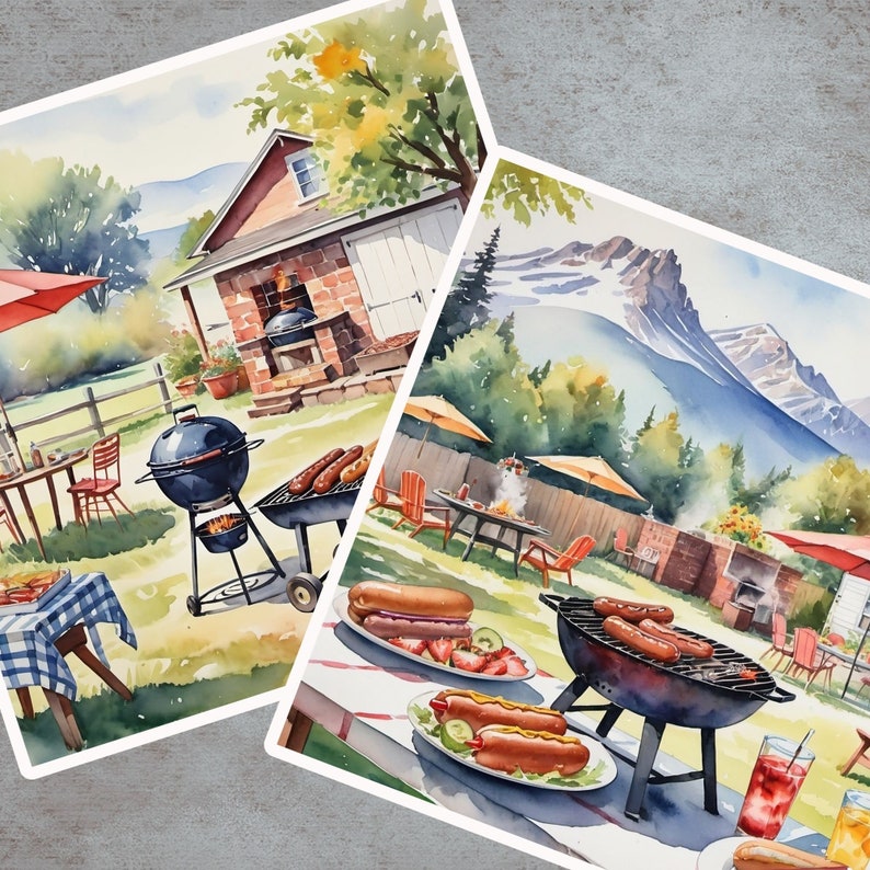 Watercolor Backyard Barbeque Digital Paper Pack, Summer Themed Digital ...