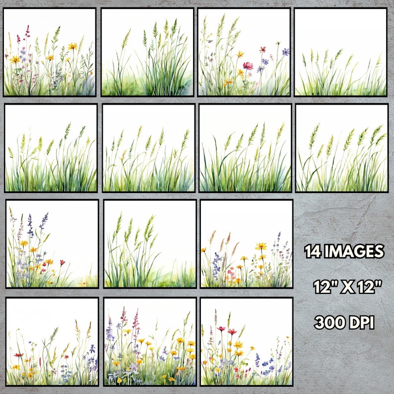 Watercolor Grass JPG Bundle, Lush Grass Scrapbook Paper, Long Grass ...