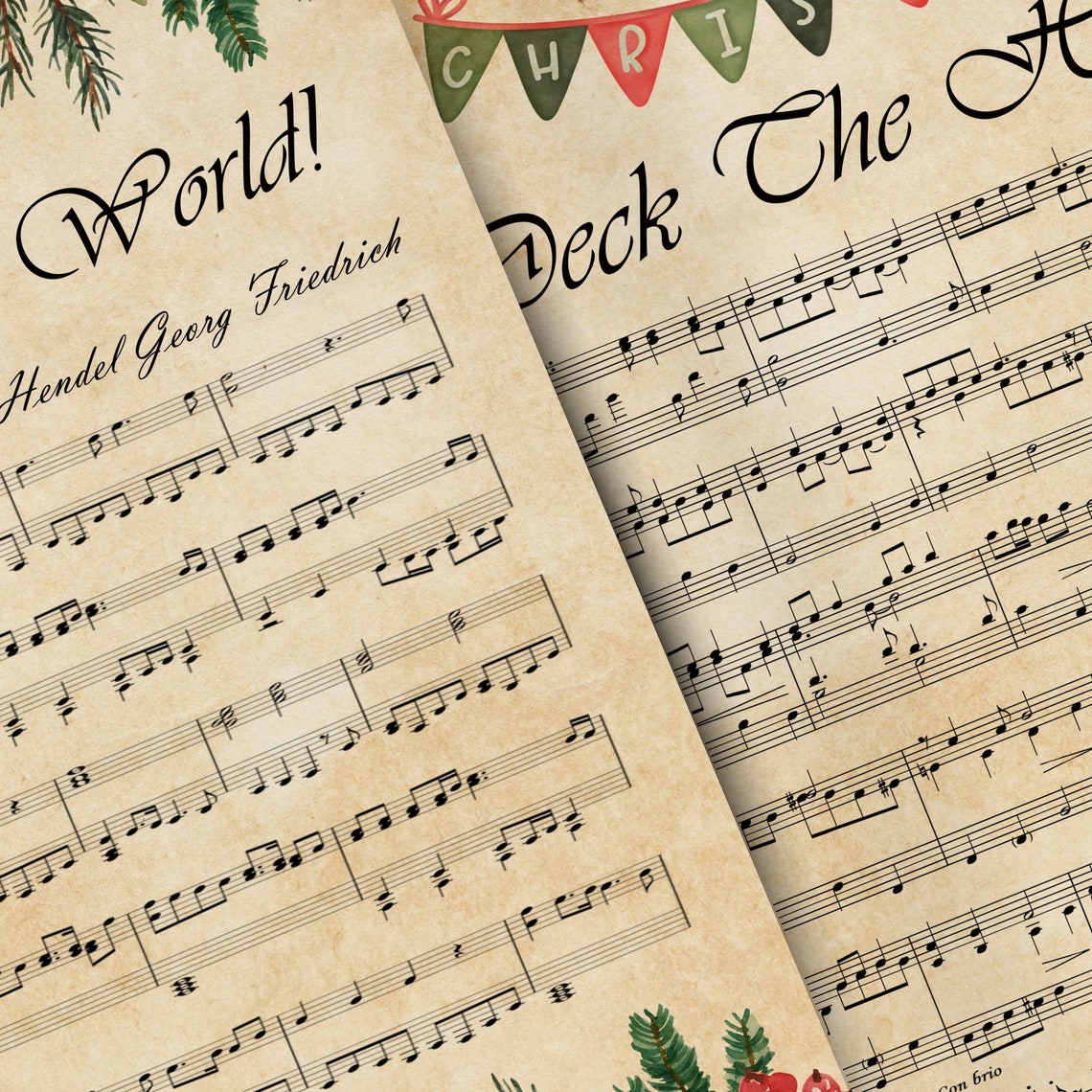 Vintage Christmas Sheet Music Digital Paper Pack 8.5"x11", Festive ...