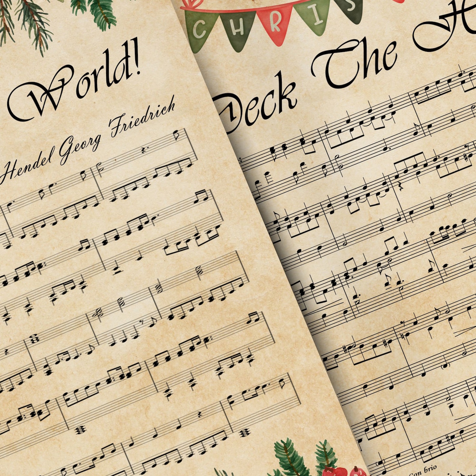 Vintage Christmas Sheet Music Digital Paper Pack 8.5"x11", Festive ...