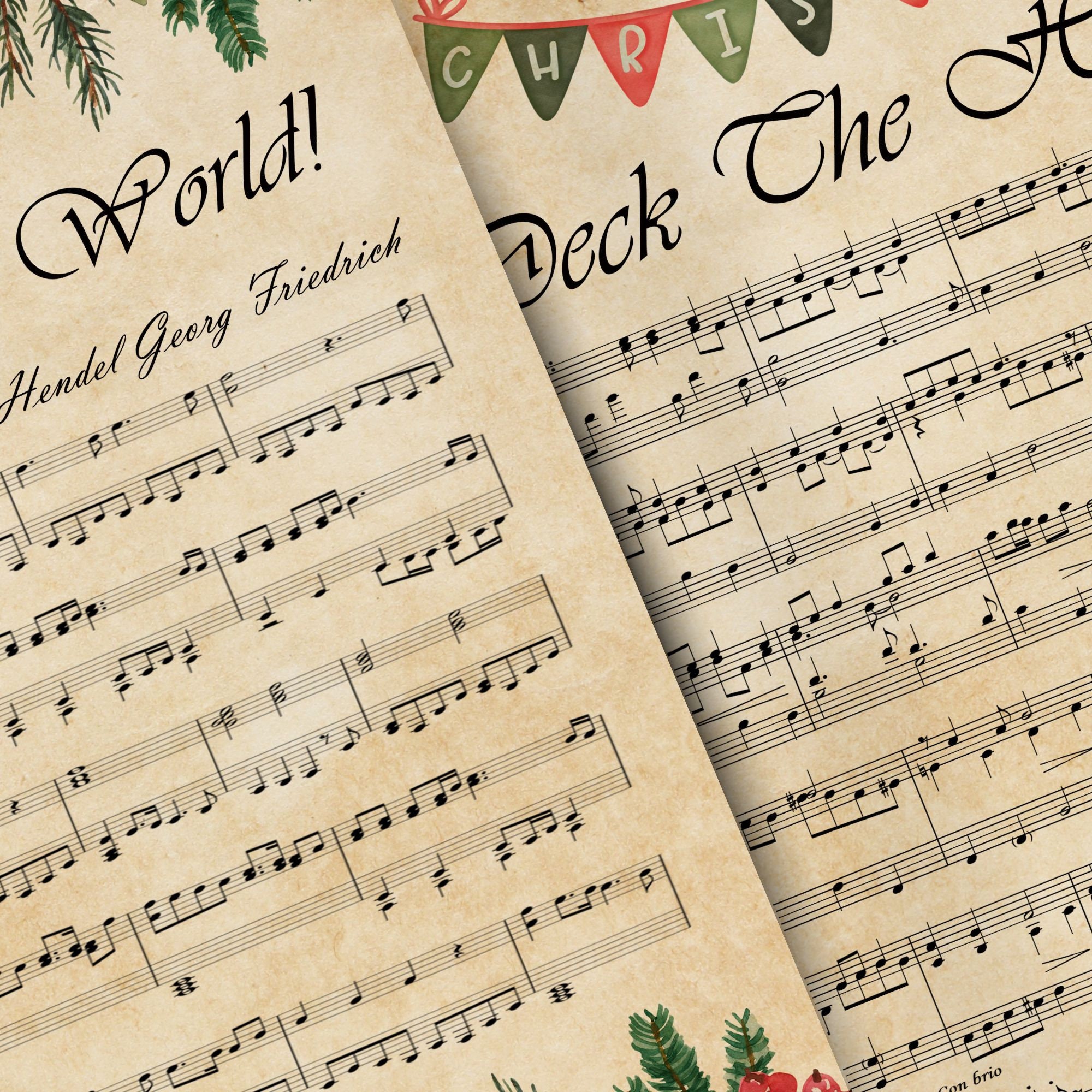 Vintage Christmas Sheet Music Digital Paper Pack 8.5"x11", Festive ...