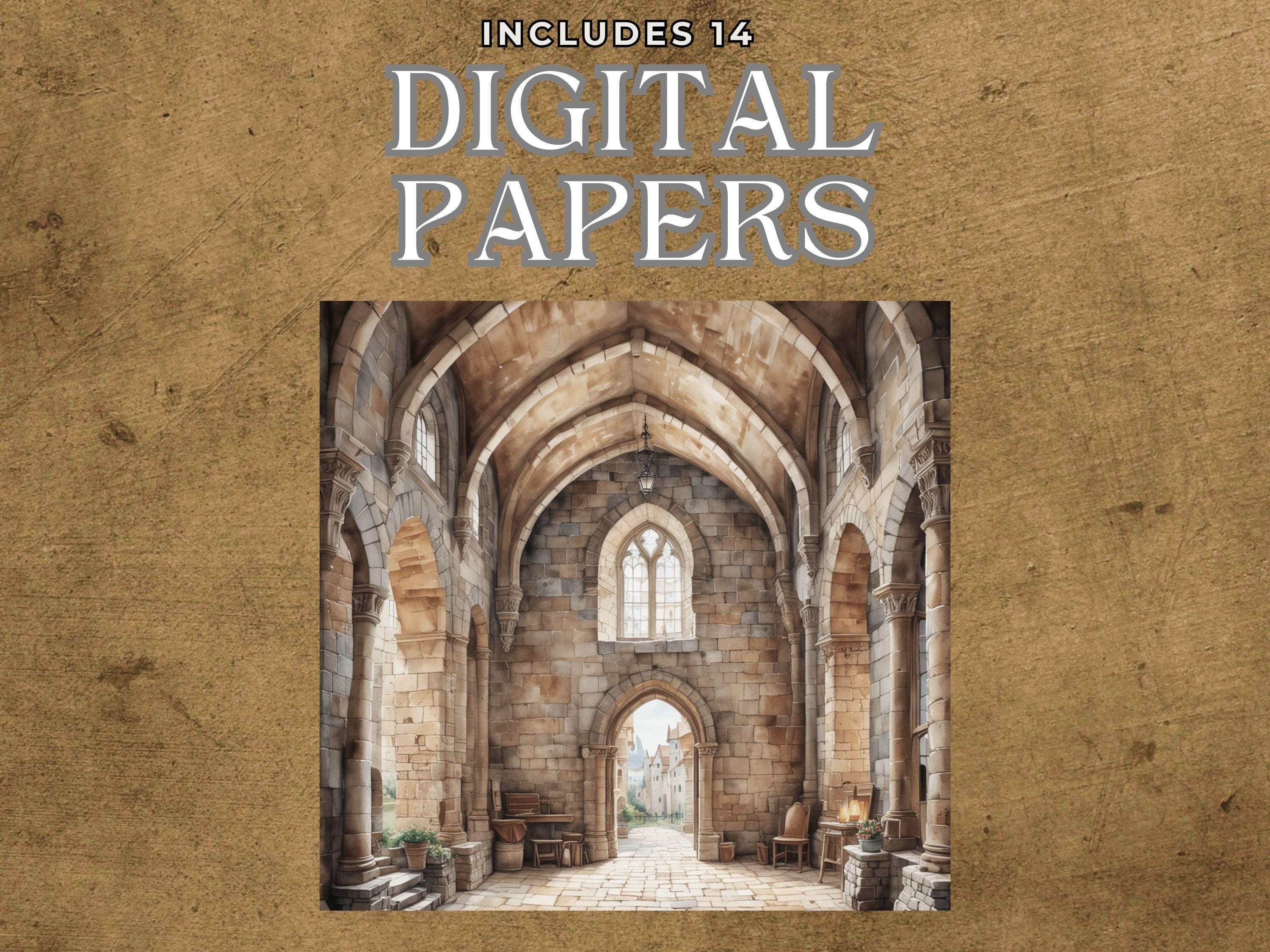 Medieval Castle Digital Paper Pack, Watercolor Castle Interior JPG ...