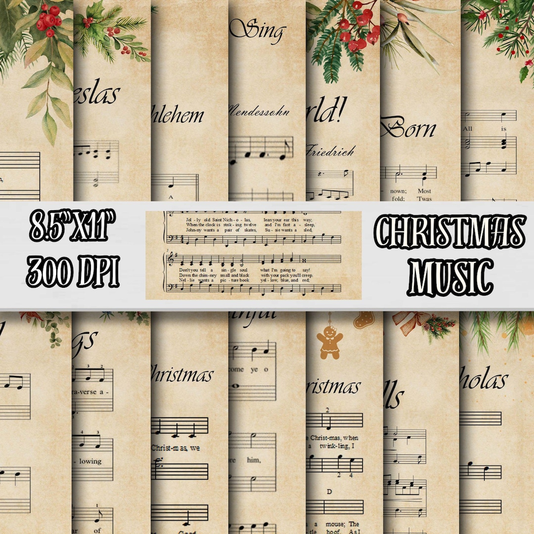 Vintage Christmas Sheet Music Digital Paper Pack 8.5"x11", Festive ...