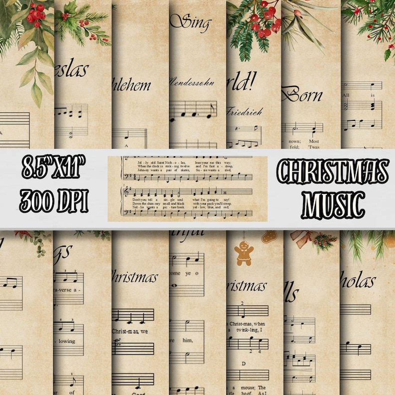 Vintage Christmas Sheet Music Digital Paper Pack 8.5"x11", Festive ...