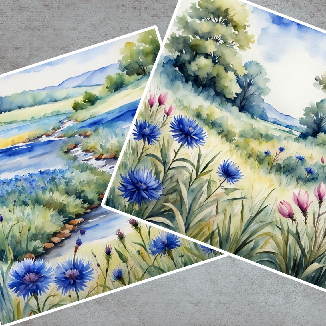 Watercolor Cornflower Meadow Clip Art JPG, Cornflower Field Landscape ...