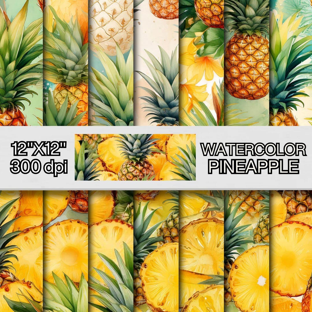 Watercolor Pineapple Digital Paper Pack | Tropical Scrapbook Paper ...