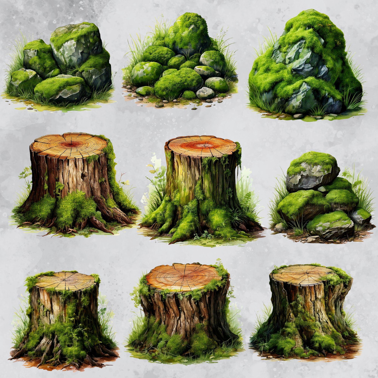 Watercolor Moss Clip Art Set, Mossy Rocks, Stumps and Logs ...