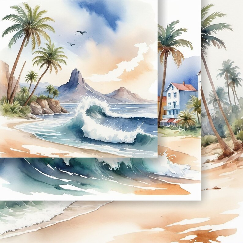Watercolor Calm Seaside Digital Paper Pack, Summer Beach Digital ...