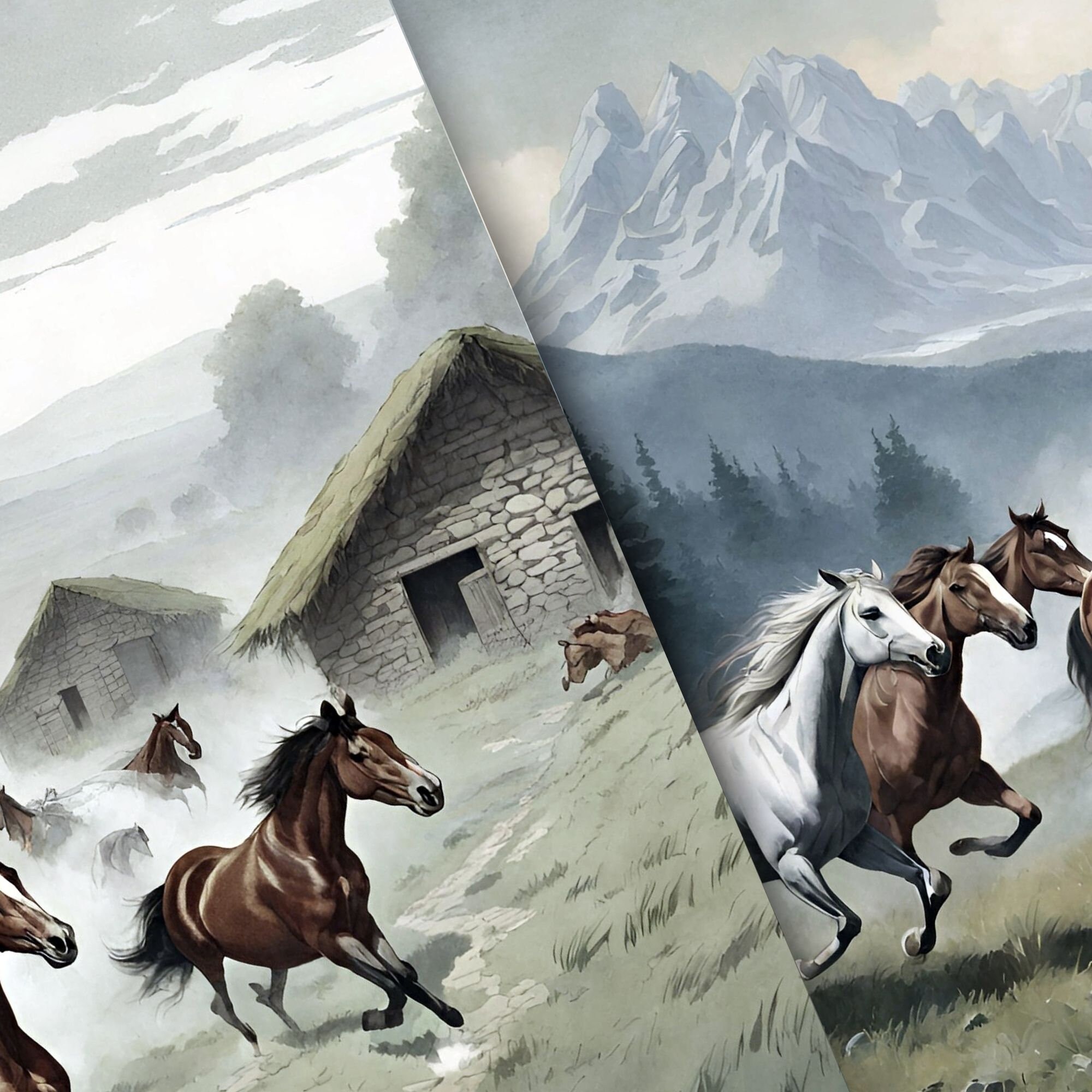 Watercolor Horse Themed Digital Paper Pack, Vintage Horses Digital ...