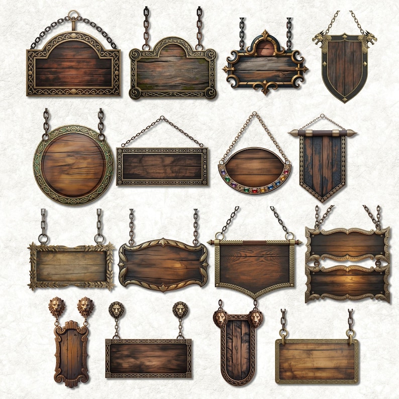 Medieval Shop Signs PNG Bundle | 47 Rustic Hanging Sign Clipart ...