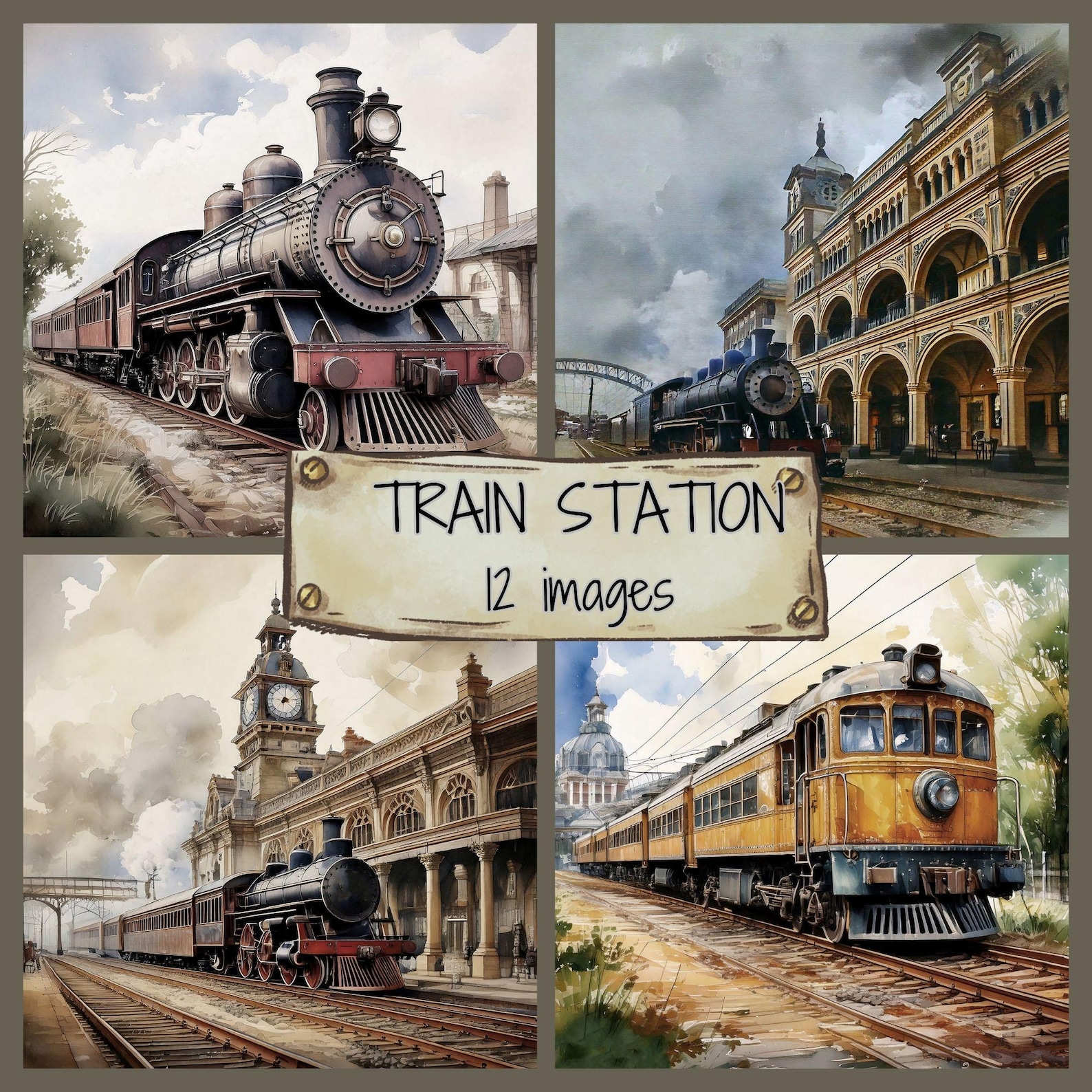 Watercolor Vintage Train Station Clipart Bundle, JPG Train Station ...