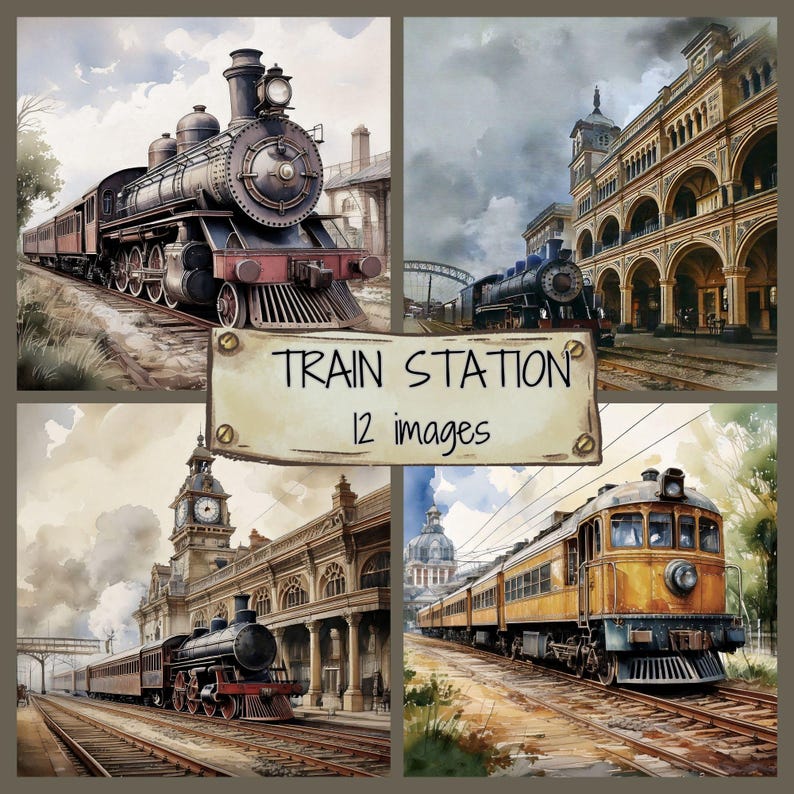Watercolor Vintage Train Station Clipart Bundle, JPG Train Station ...