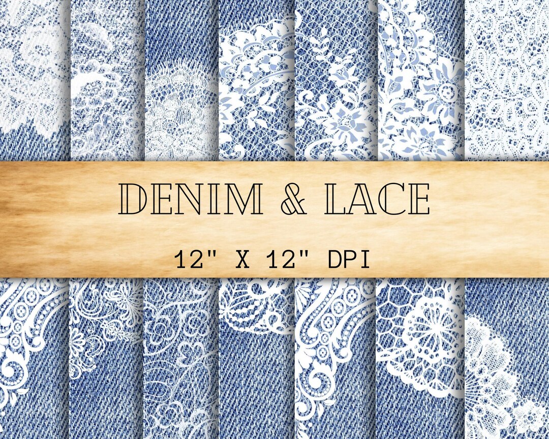 Denim & Lace Textured Digital Papers, Washed Denim Digital Background, Jeans Textures Scrapbook ...