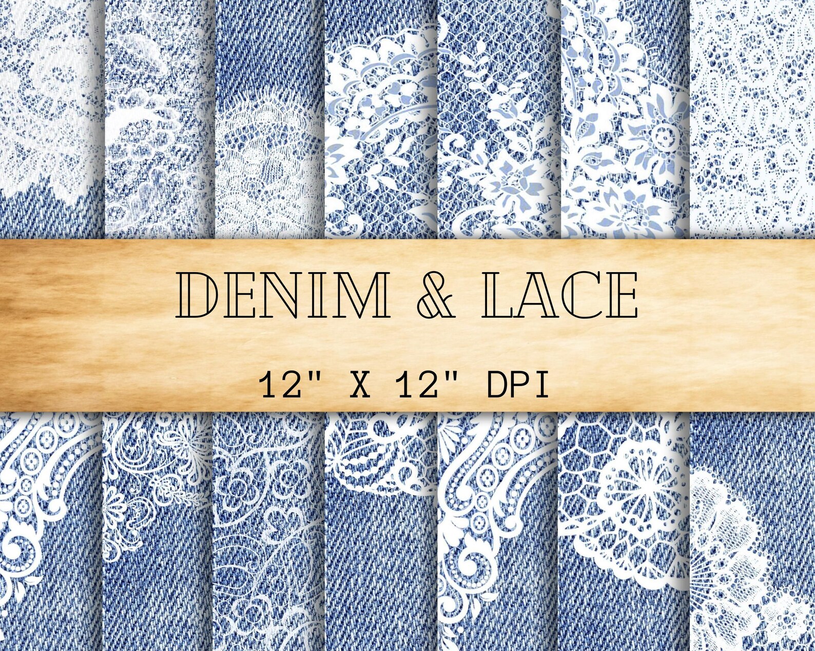 Denim & Lace Textured Digital Papers, Washed Denim Digital Background ...