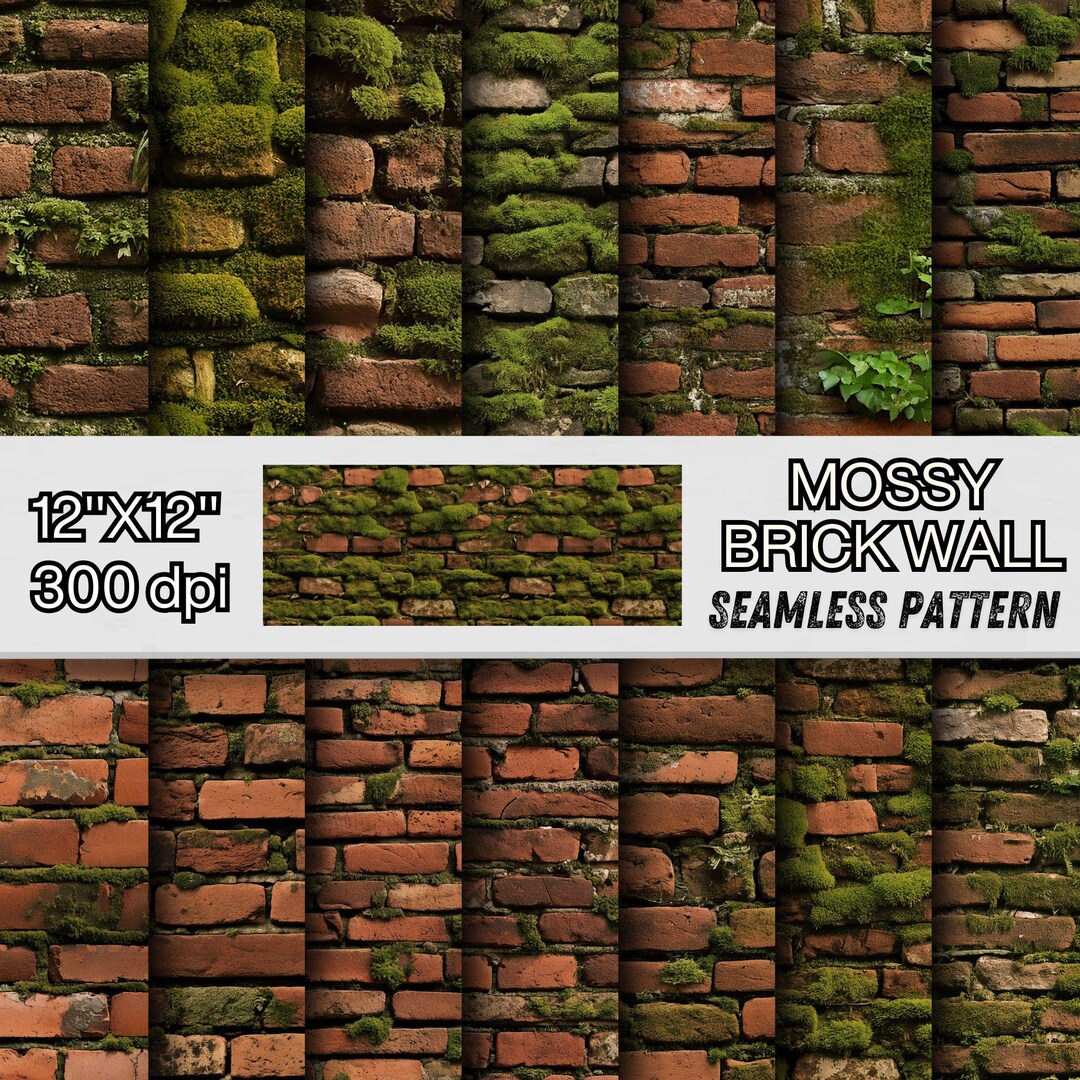 Mossy Brick Wall Seamless Pattern Digital Paper Pack, Rustic Moss Brick ...