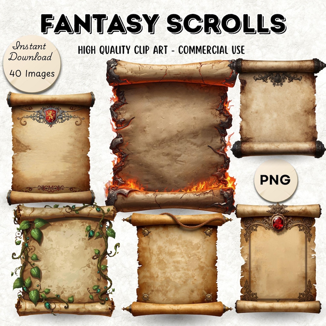 Fantasy Parchment Scroll PNG Bundle | Medieval Frames Clipart | Vintage ...