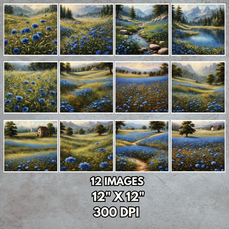 Watercolor Cornflower Field Clip Art JPG Bundle , Cornflower Meadow Landscape, Wild Cornflower ...