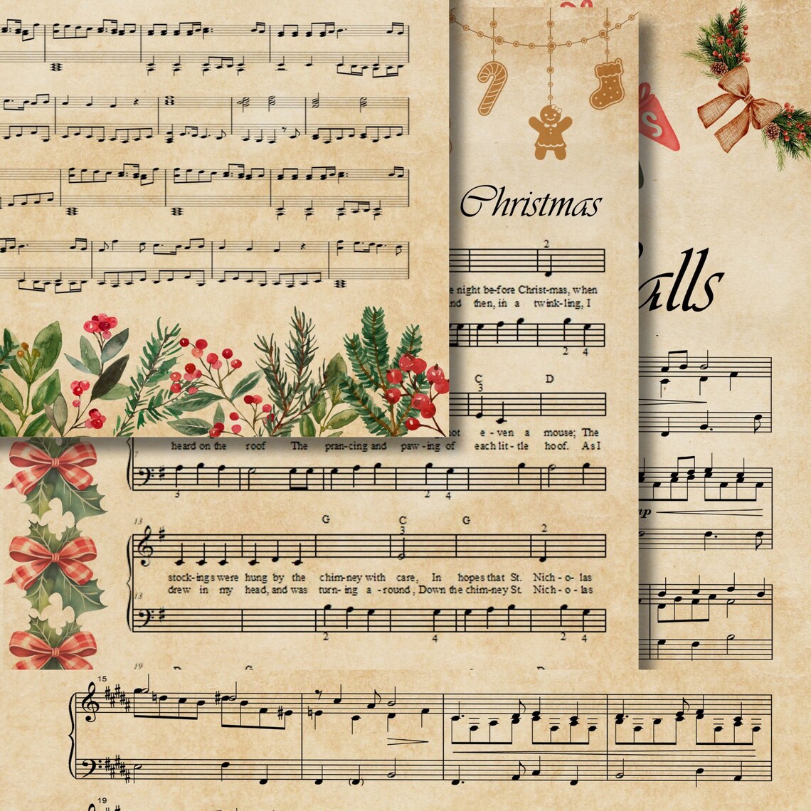 Vintage Christmas Sheet Music Digital Paper Pack 8.5"x11", Festive ...